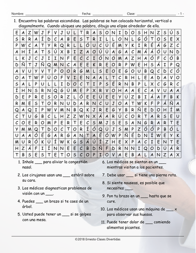 Doctor's, Illnesses, and Injuries Spanish Word Search Worksheet ...