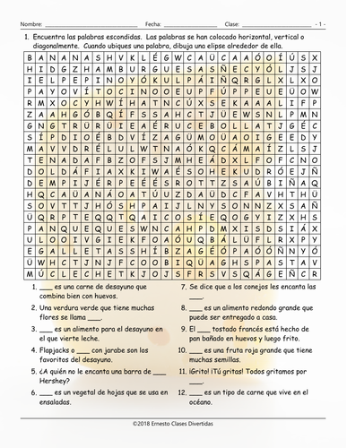 Food Items Spanish Word Search Worksheet | Teaching Resources