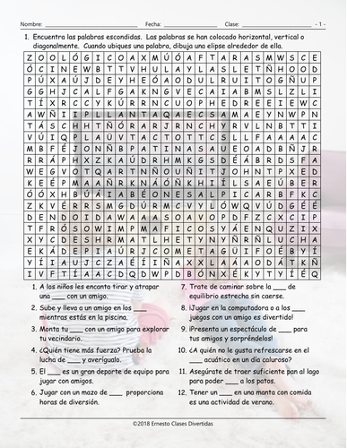 Friendship Activities Spanish Word Search Worksheet | Teaching Resources