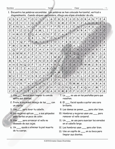 Health and Personal Hygiene Spanish Word Search Worksheet | Teaching ...