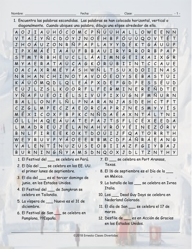 Holidays and Festivals Around the World Spanish Word Search Worksheet ...