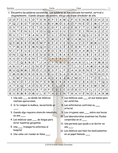 Hospitals and Injuries Spanish Word Search Worksheet | Teaching Resources