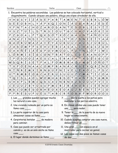 Houses and Apartments Spanish Word Search Worksheet | Teaching Resources