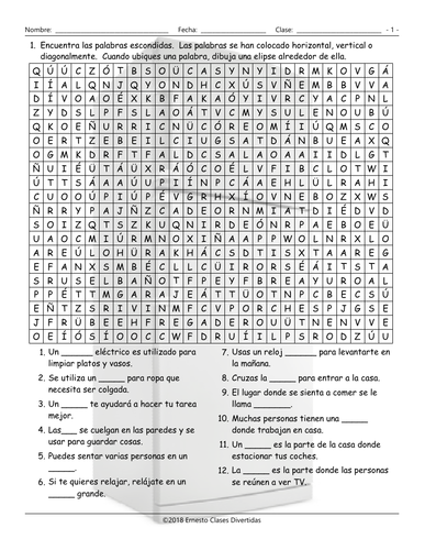 Houses, Rooms, Furniture and Appliances Spanish Word Search Worksheet ...
