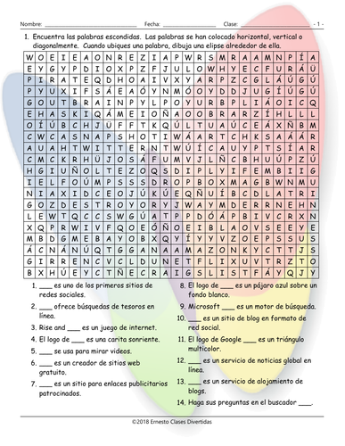 Internet Sites Spanish Word Search Worksheet | Teaching Resources
