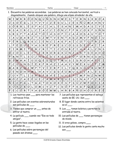 Movie Things and Genres Spanish Word Search Worksheet | Teaching Resources