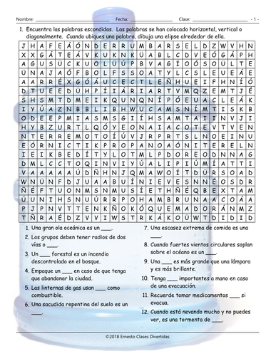 Natural Disasters and Emergencies Spanish Word Search Worksheet ...