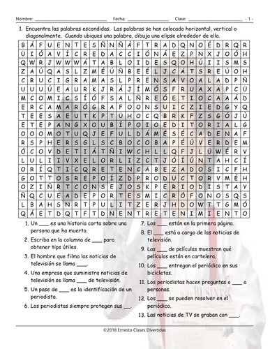 News Media Spanish Word Search Worksheet | Teaching Resources