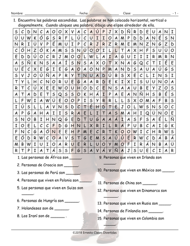Origins and Nationalities Spanish Word Search Worksheet | Teaching ...