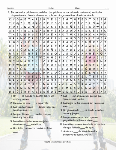 Park Things and Activities Spanish Word Search Worksheet | Teaching ...