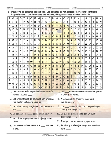 Pets and Pet Care Spanish Word Search Worksheet | Teaching Resources