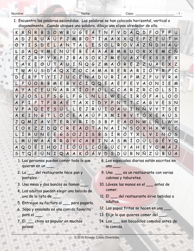 Restaurant Things and Activities Spanish Word Search Worksheet ...