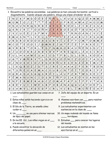 School Items, Places, and Subjects Spanish Word Search Worksheet ...