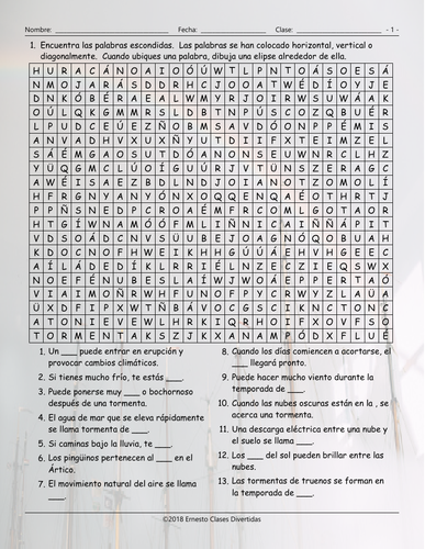 Seasons and Weather Spanish Word Search Worksheet | Teaching Resources