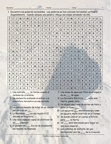 Space and Astronomy Spanish Word Search Worksheet | Teaching Resources