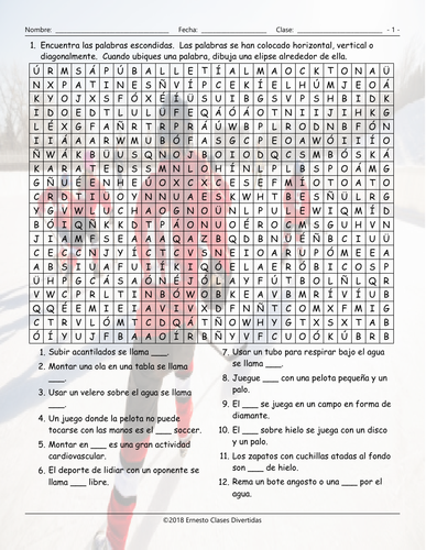 Sports and Exercise Spanish Word Search Worksheet | Teaching Resources