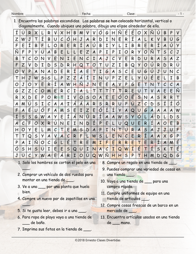 Stores and Shops Spanish Word Search Worksheet | Teaching Resources