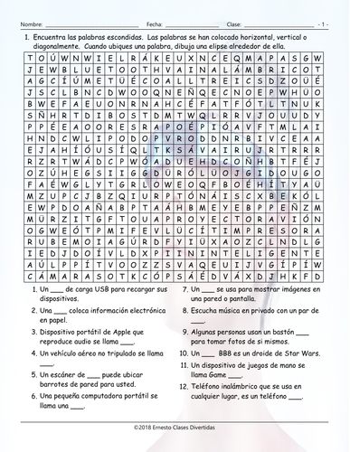 Technology and Gadgets Spanish Word Search Worksheet | Teaching Resources
