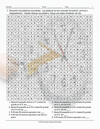 Telling Time Spanish Word Search Worksheet | Teaching Resources