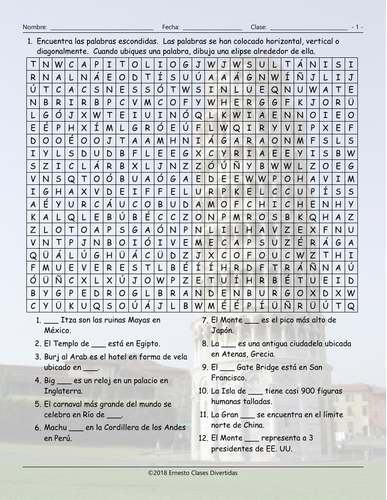 Tourist Attractions Around The World Spanish Word Search Worksheet ...