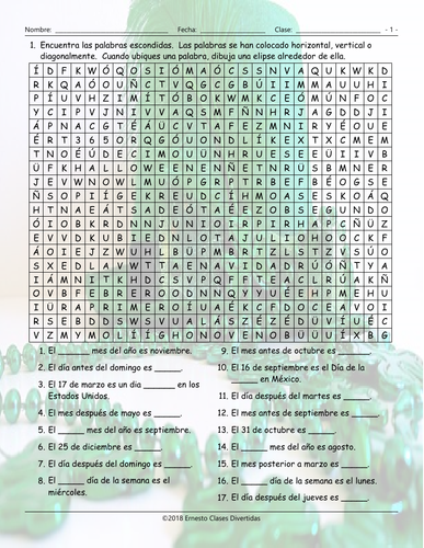 Weekdays, Months and Dates Spanish Word Search Worksheet | Teaching ...