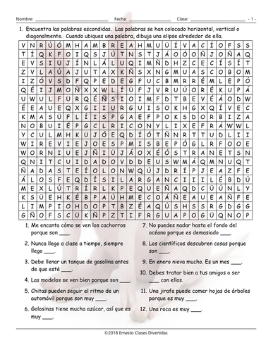 Adjectives Spanish Word Search Worksheet | Teaching Resources