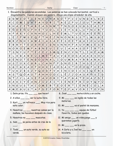 Have, Do, Like, and Favorites Spanish Word Search Worksheet | Teaching ...