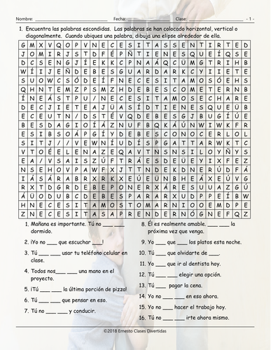 Modals of Obligation, Necessity, and Prohibition Spanish Word Search ...