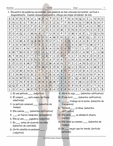 Parts of Speech Spanish Word Search Worksheet | Teaching Resources