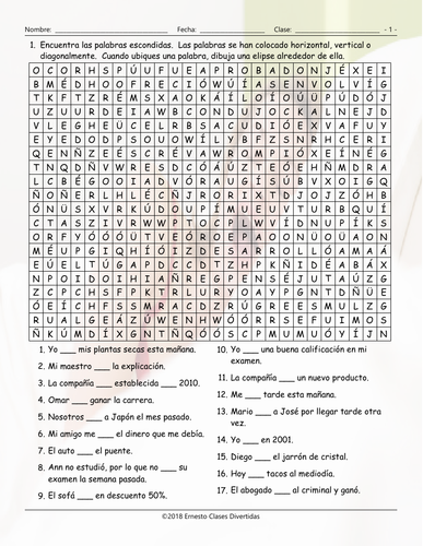 Past Simple Tense with Irregular Verbs Spanish Word Search Worksheet ...