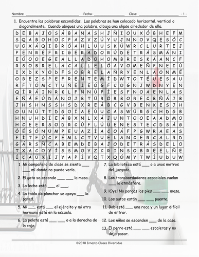 Place Prepositions Spanish Word Search Worksheet | Teaching Resources