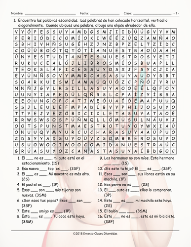 Possessive Pronouns Spanish Word Search Worksheet | Teaching Resources