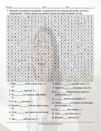 Present Simple with Verbs Ser and Estar Spanish Spanish Word Search ...