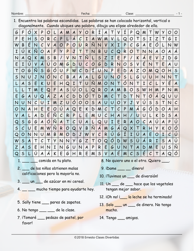 Quantifiers Spanish Word Search Worksheet | Teaching Resources