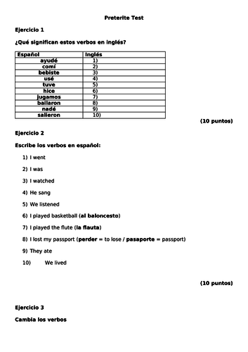 Spanish GCSE preterite verb test | Teaching Resources