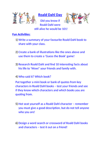 Roald Dahl Day Independent learning Activities | Teaching Resources