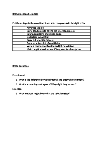AQA Business GCSE topic 4.2 - Recruitment and selection | Teaching ...