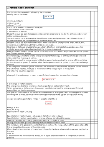 Aqa Gcse 9 1 Physics Specification Checklist 3 Particle Model Teaching Resources