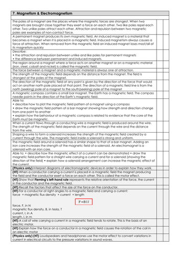 Aqa Gcse 9 1 Physics Specification Checklist 7 Magnetism And Electromagnetism Teaching Resources
