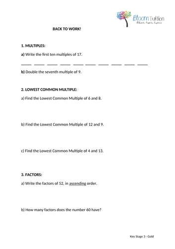 Key Stage 3: Differentiated collection of worksheets for start of year ...