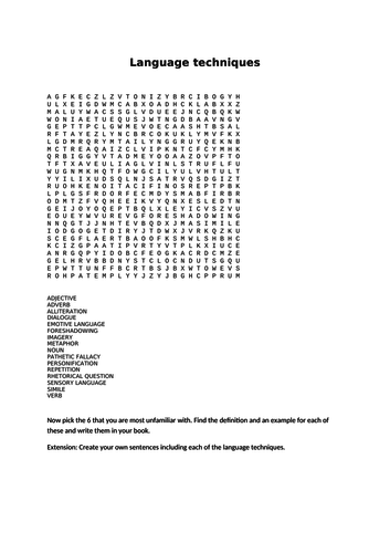 language techniques word search and definitions activity | Teaching ...