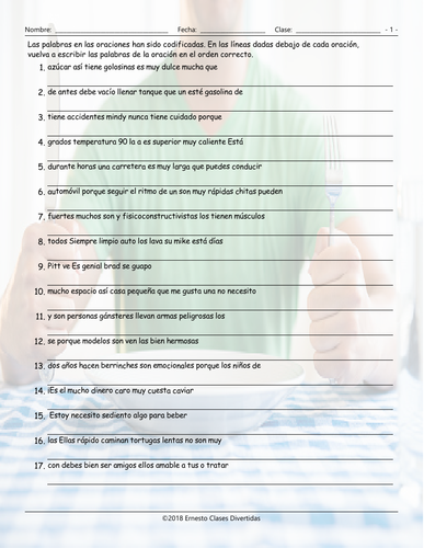 Adjectives Spanish Scrambled Sentences Worksheet | Teaching Resources