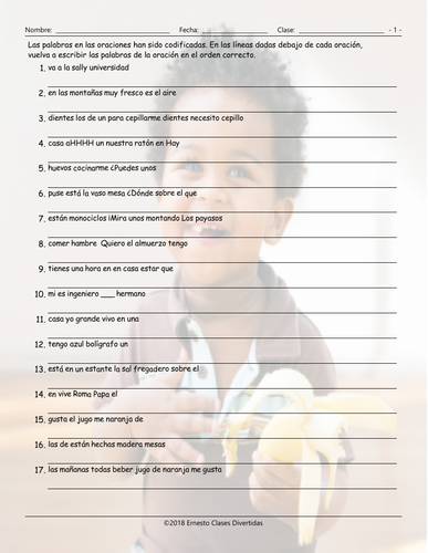 Articles Spanish Scrambled Sentences Worksheet | Teaching Resources