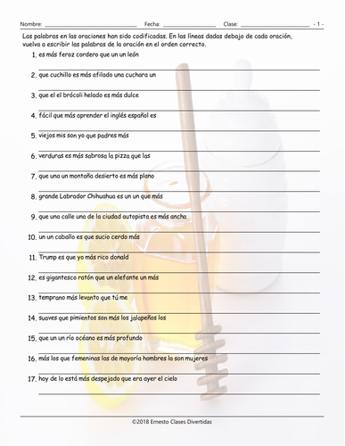 Comparative Adjectives Spanish Scrambled Sentences Worksheet | Teaching ...