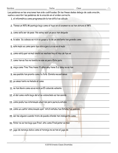 Comparisons with As ...+... As Spanish Scrambled Sentences Worksheet ...