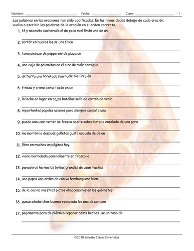 Container Words Spanish Scrambled Sentences Worksheet | Teaching Resources