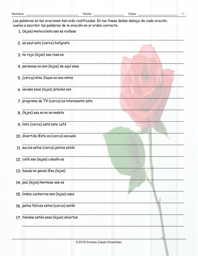 Demonstrative Adjectives Spanish Scrambled Sentences Worksheet ...