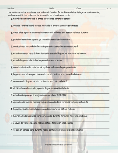 Future Perfect Continuous Tense Spanish Scrambled Sentences Worksheet ...