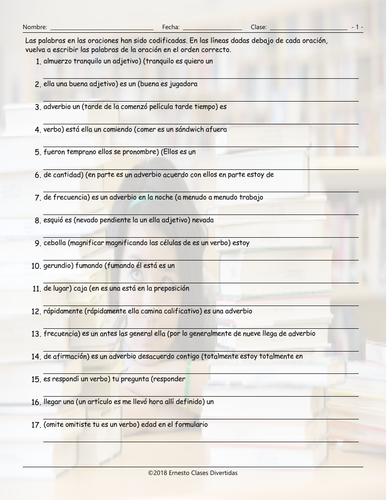 Parts of Speech Spanish Scrambled Sentences Worksheet | Teaching Resources