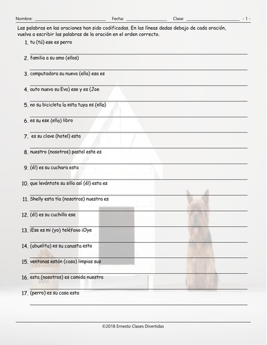 Possessive Adjectives Spanish Scrambled Sentences Worksheet | Teaching ...